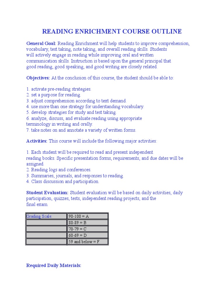 Reading Enrichment Course Outline | PDF | Reading (Process) | Reading ...