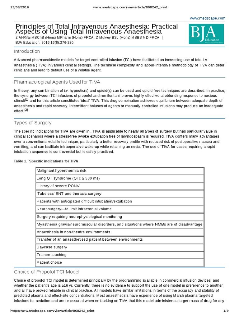 Principles of Total Intravenous Anaesthesia: Practical Aspects of Using ...