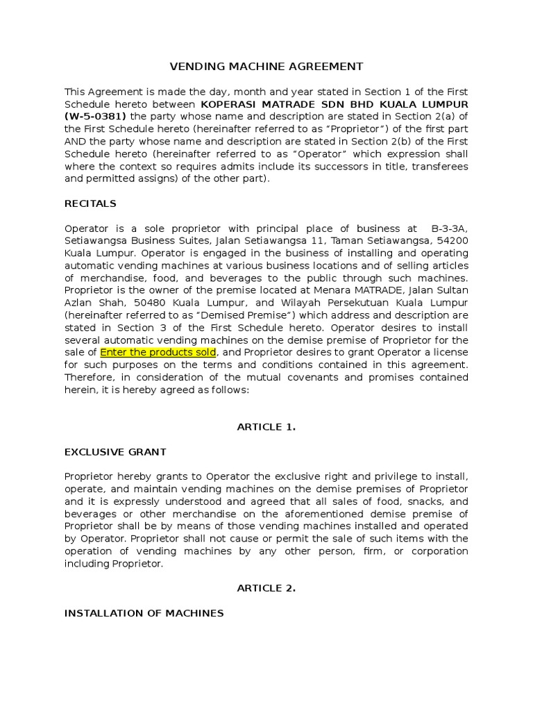 Vending Machine Agreement | PDF | Breach Of Contract | Vending Machine