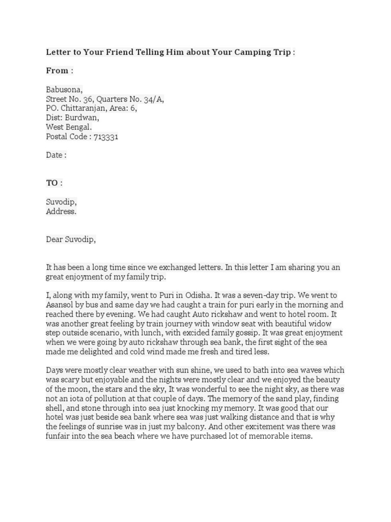 Informal Letter To A Friend About Camping