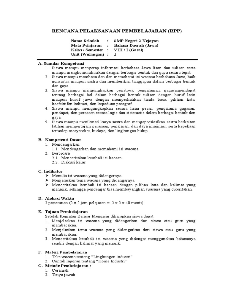 RPP B.jawa Kls 8 SM Gasal | PDF