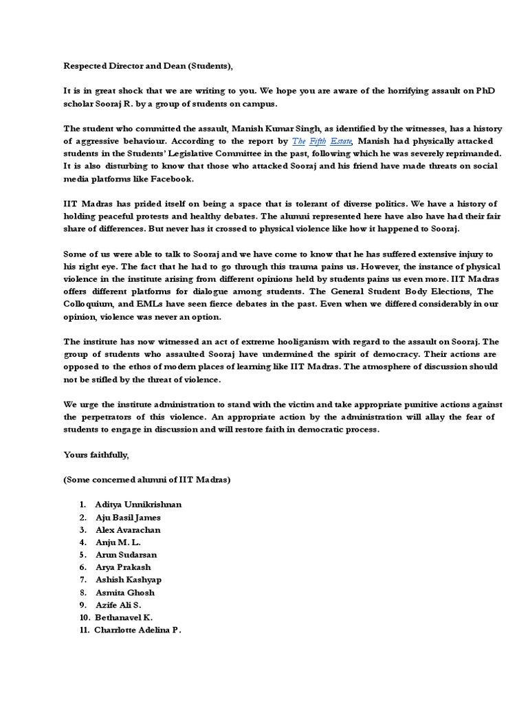 Open Letter by IITM Directors | PDF | Problem Behavior | Violence
