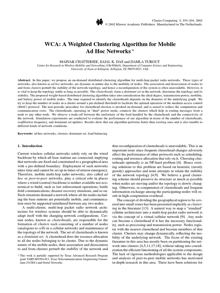 WCA: A Weighted Clustering Algorithm For Mobile Ad Hoc Networks | PDF ...