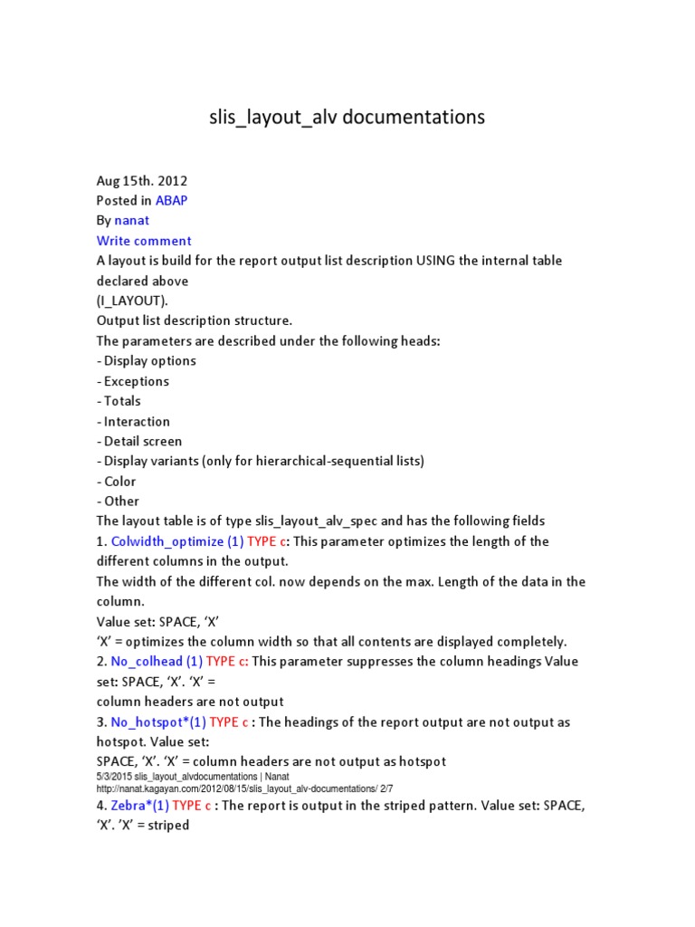 Slis - Layout - Alv Documentations: Abap Nanat Write Comment | PDF | Parameter (Computer ...