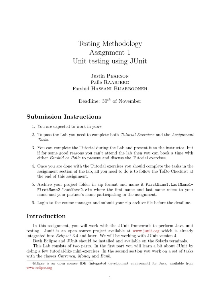 Testing Methodology Assignment 1 Unit Testing Using Junit: Submission ...