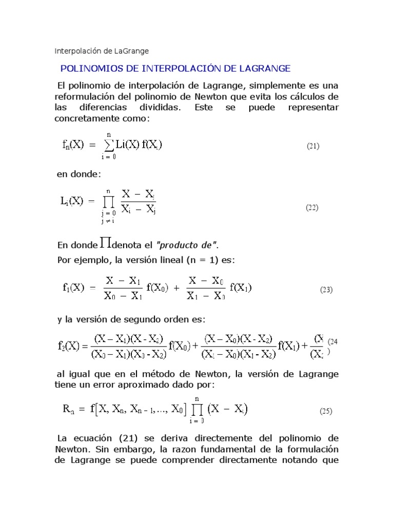 Interpolación De Lagrange Pdf Análisis Numérico Algoritmos