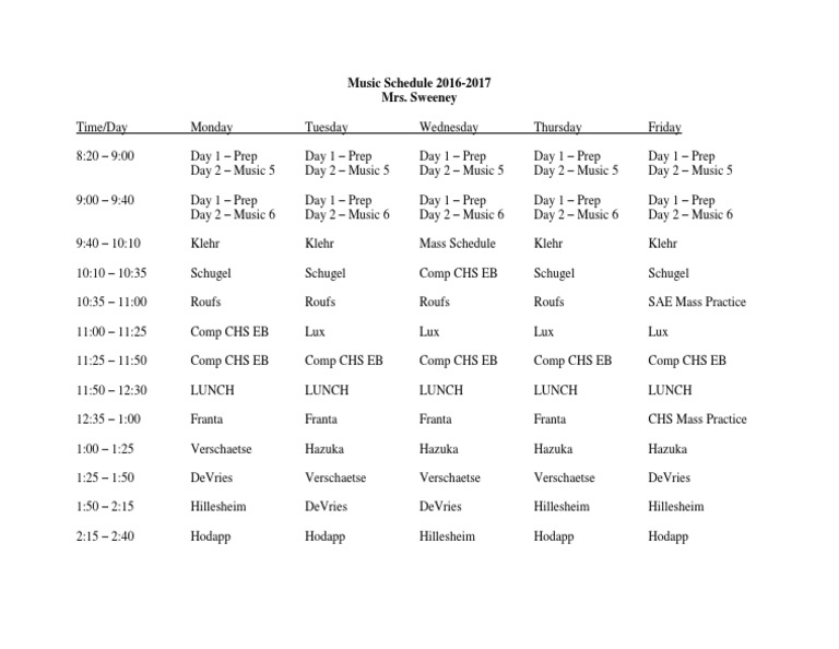 2016-2017 Music Class Schedule | PDF