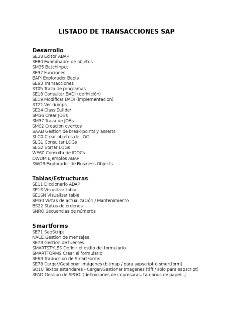 Listado de Transacciones Sap | Contabilidad | Amortización (Negocio)