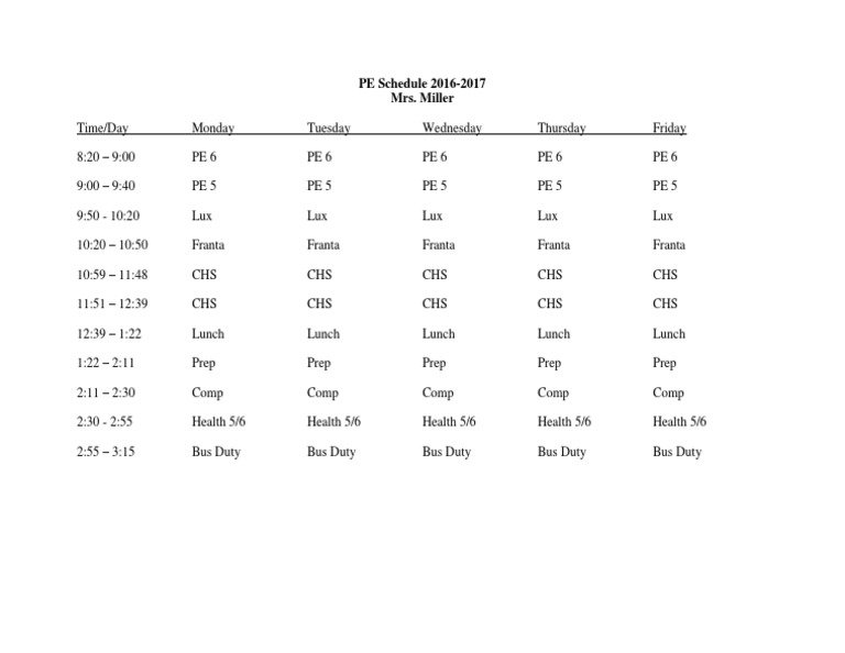 Pe Schedule Miller 2016 - 2017 | PDF