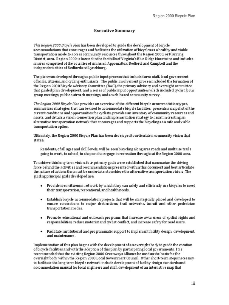 Executive Summary: This Region 2000 Bicycle Plan has been developed to ...