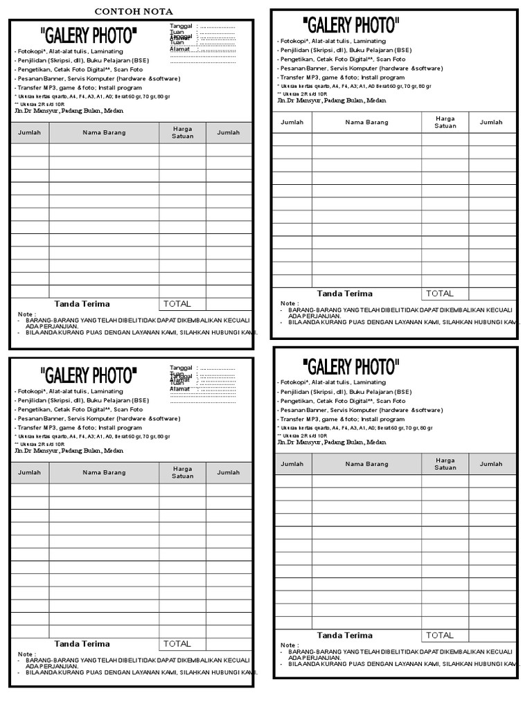 Contoh nota jasa fotokopi dan jasa servis | PDF