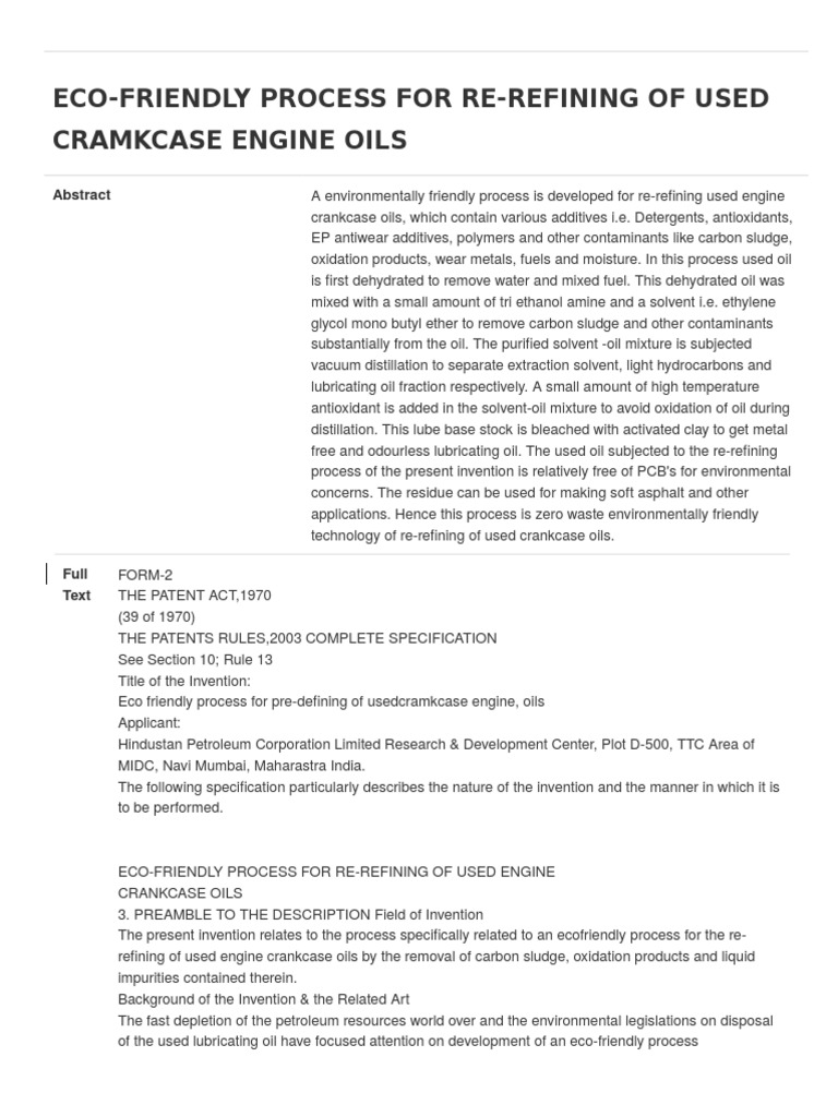 Eco-Friendly Process For Re-Refining of Used Cramkcase Engine Oils ...