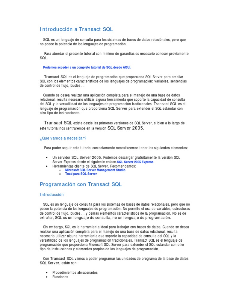 Transact Sql Server Pdf Sql Lenguaje De Programación