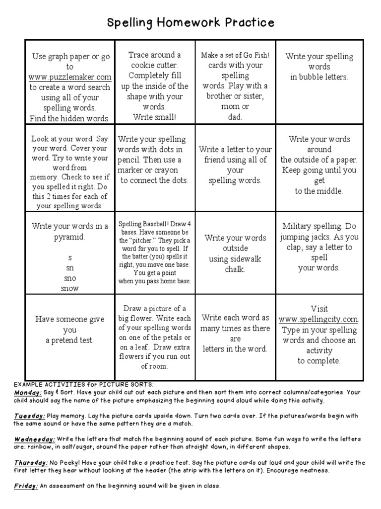 Spelling Homework Activities for Kids | PDF | Educational Assessment ...