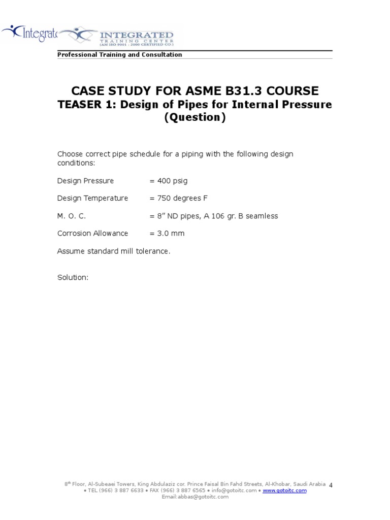 Case Study For Asme B31.3 Course: TEASER 1: Design of Pipes For ...