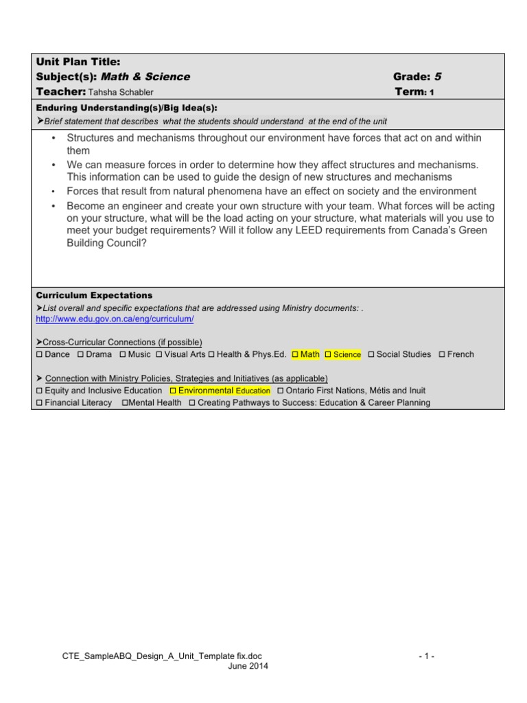 Unit Plan Title: Subject(s) : Math & Science Grade: 5 Teacher: Term Ø ...