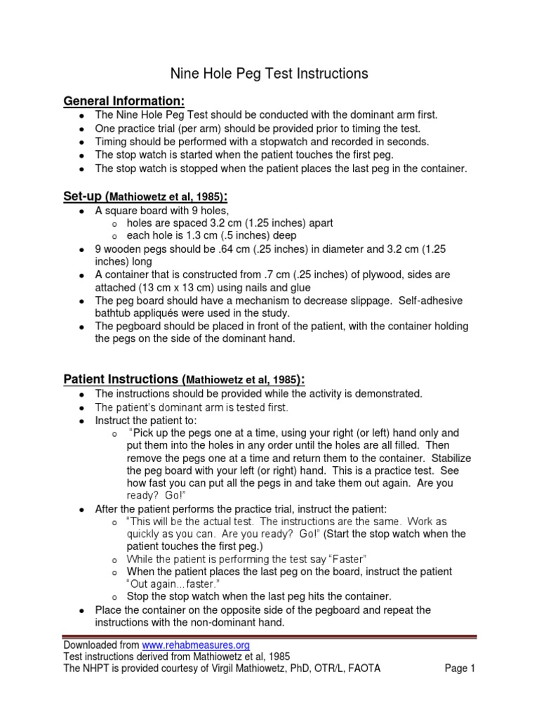Nine Hole Peg Test Instructions PDF | PDF | Wellness | Medical