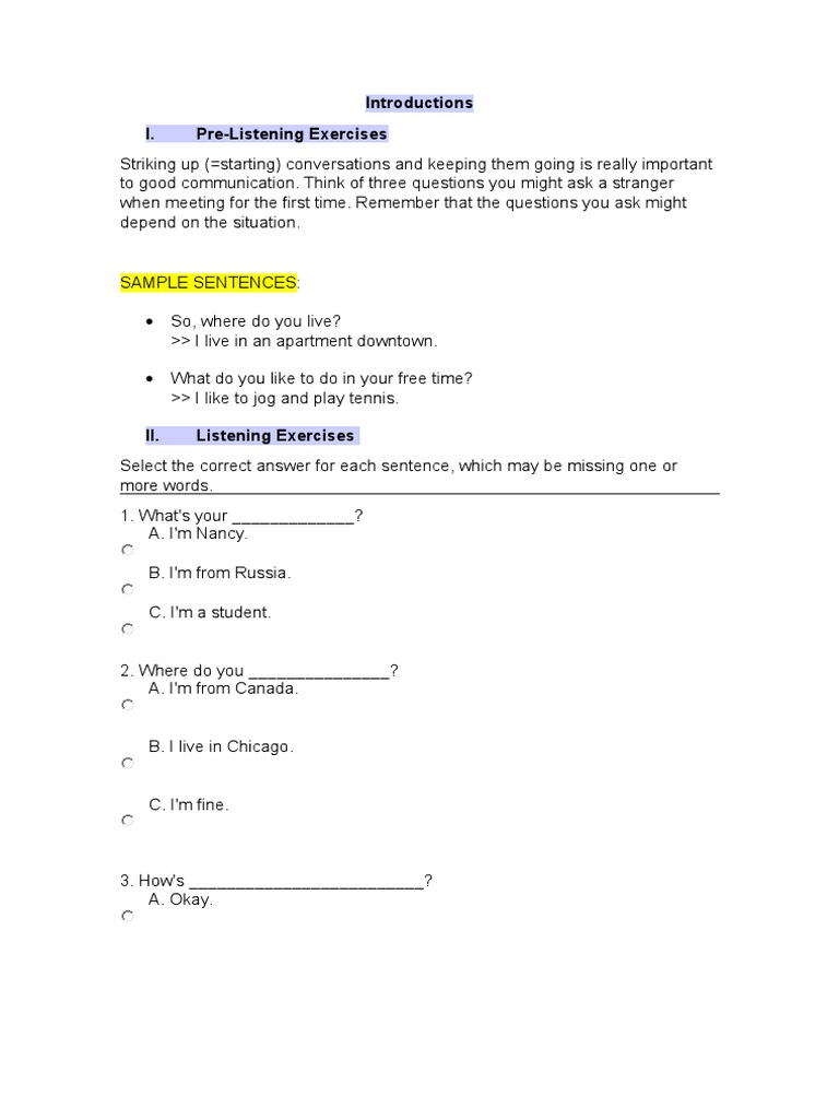 Introductions I. Pre-Listening Exercises | PDF