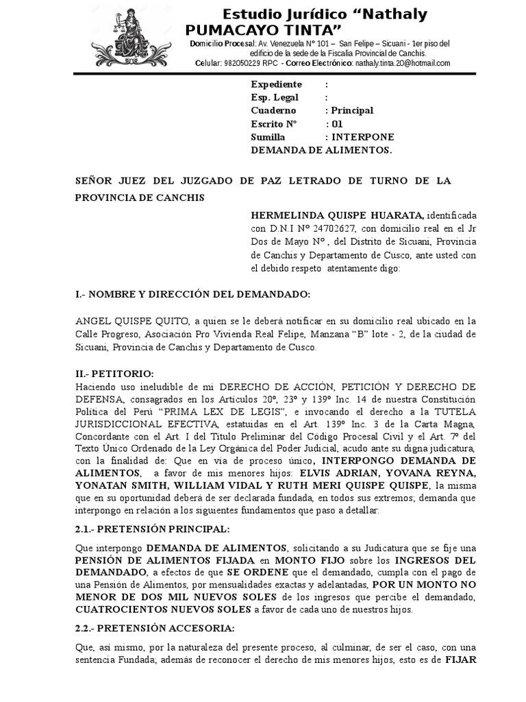Demanda de Alimentos | Demanda judicial | Ley procesal