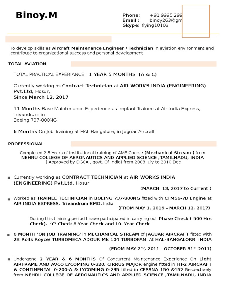 Aviation Technician Resume: Binoy M.S. | PDF | Aviation | Aircraft