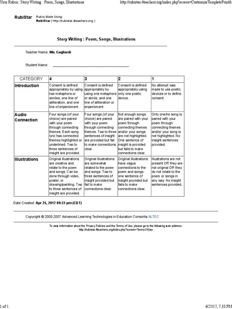 Poem Songs Illustrations Rubric | PDF | Poetry | Communication