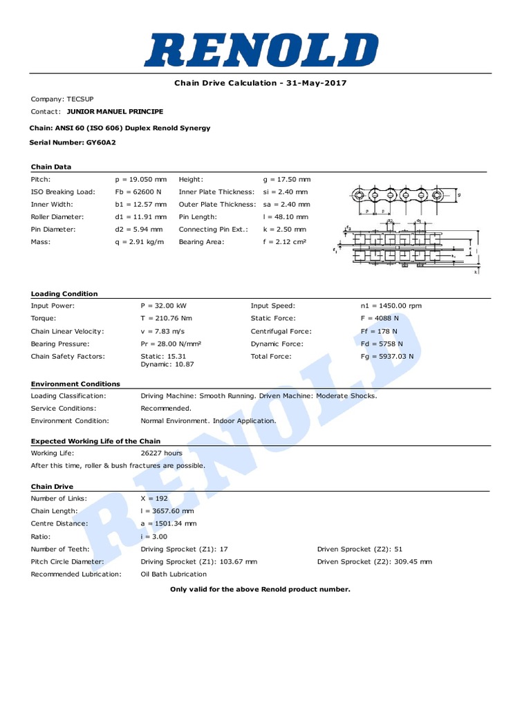 Chain Drive Calculation - 31-May-2017: Chain: ANSI 60 (ISO 606) Duplex ...