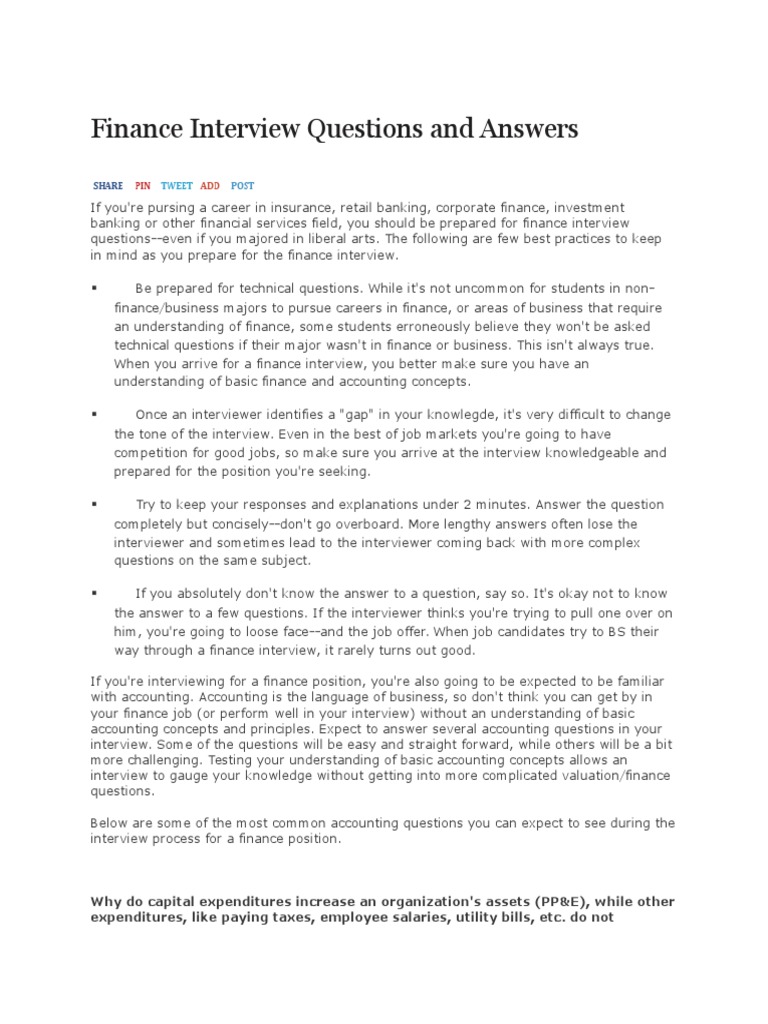 Finance Interview Questions and Answers | PDF | Book Value | Goodwill ... Finance Interview Questions and Answers | PDF | Book Value | Goodwill ...