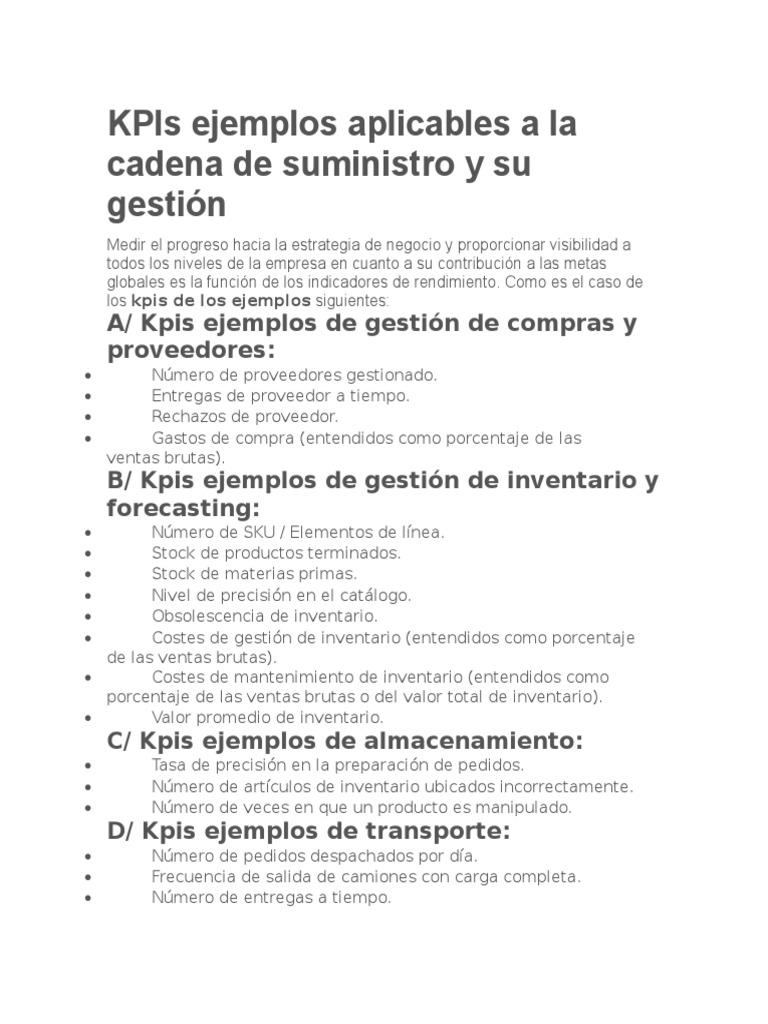 KPIs Ejemplos Aplicables A La Cadena de Suministro y Su Gestión | PDF