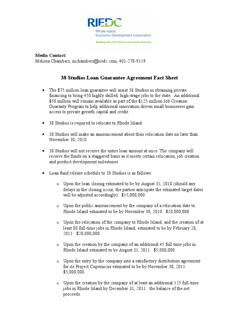 38 Studios Fact Sheet Pdf Loans Debt