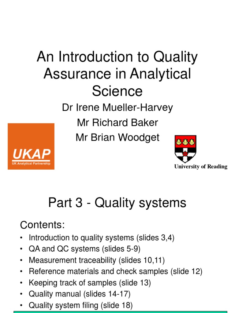 An Introduction To Quality Assurance in Analytical Science: DR Irene ...