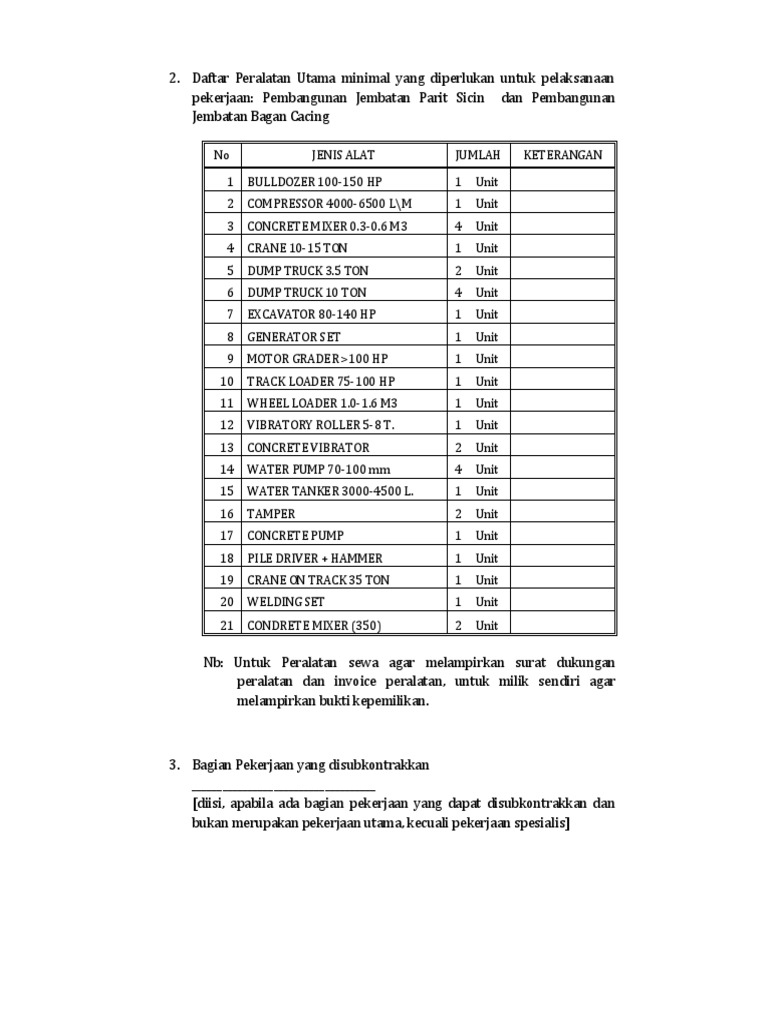 Daftar Peralatan Utama Minimal Yang Diperlukan Untuk Pelaksanaan Pekerjaan PDF | PDF