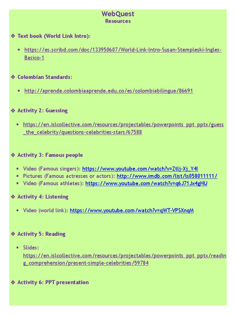 Webquest: Resources Text Book (World Link Intro) | PDF