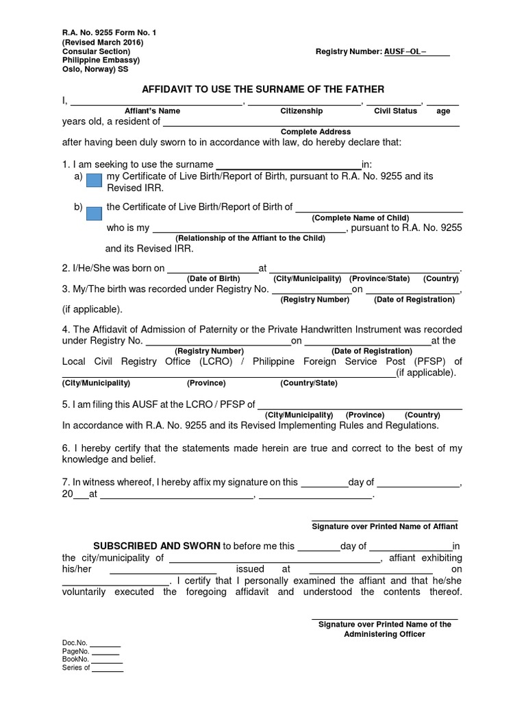 Affidavit To Use The Surname of The Father Ausf 0 | PDF | Affidavit ...