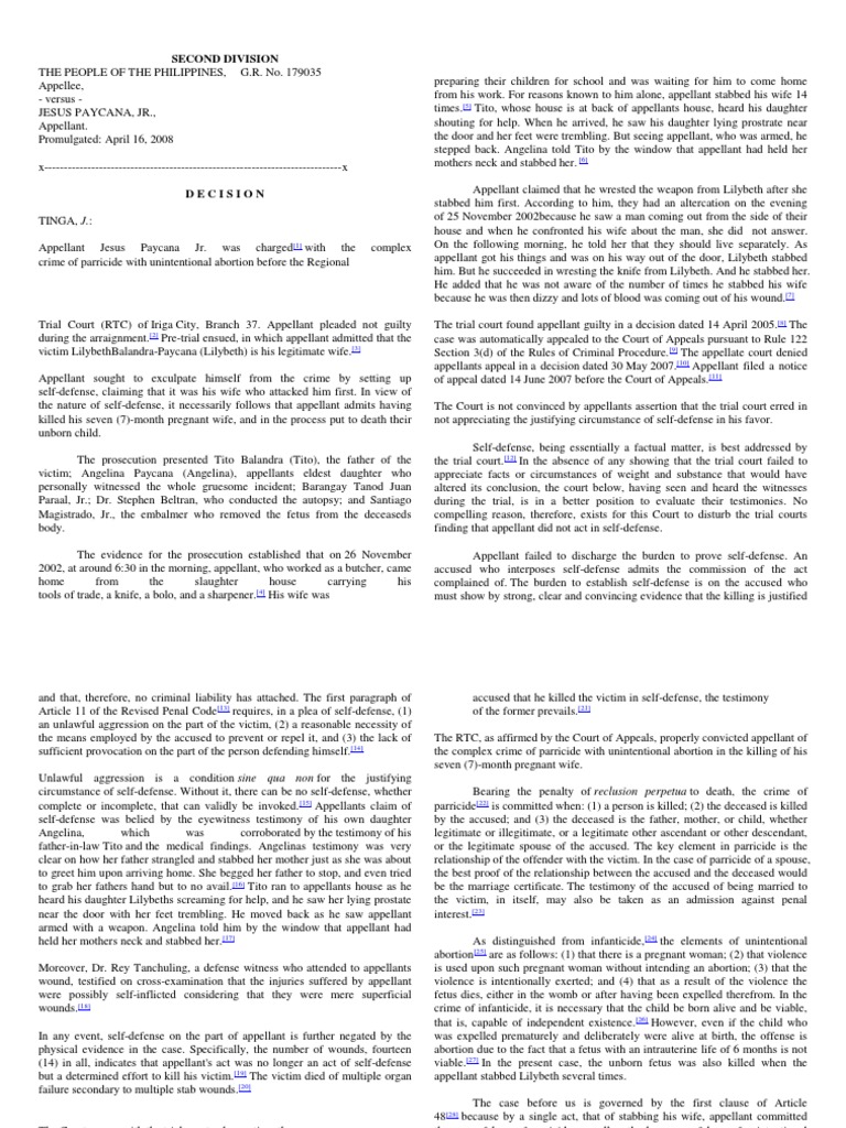 Parricide and Abortion Case Decision | PDF | Self Defense | Crime ...