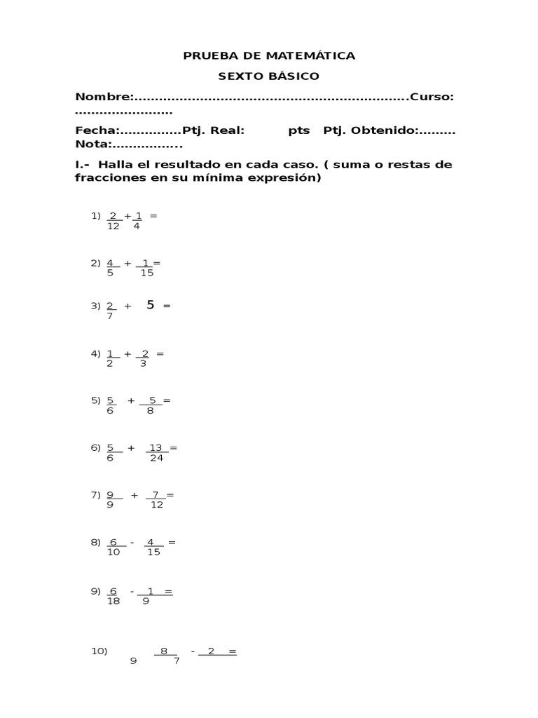 Prueba de Matem. 6° Sumas y Restas Fracciones | PDF | Fracción ...