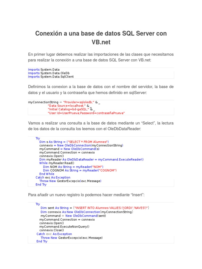 Conexión A Una Base de Datos SQL Server Con Visual Basic 2010 | PDF