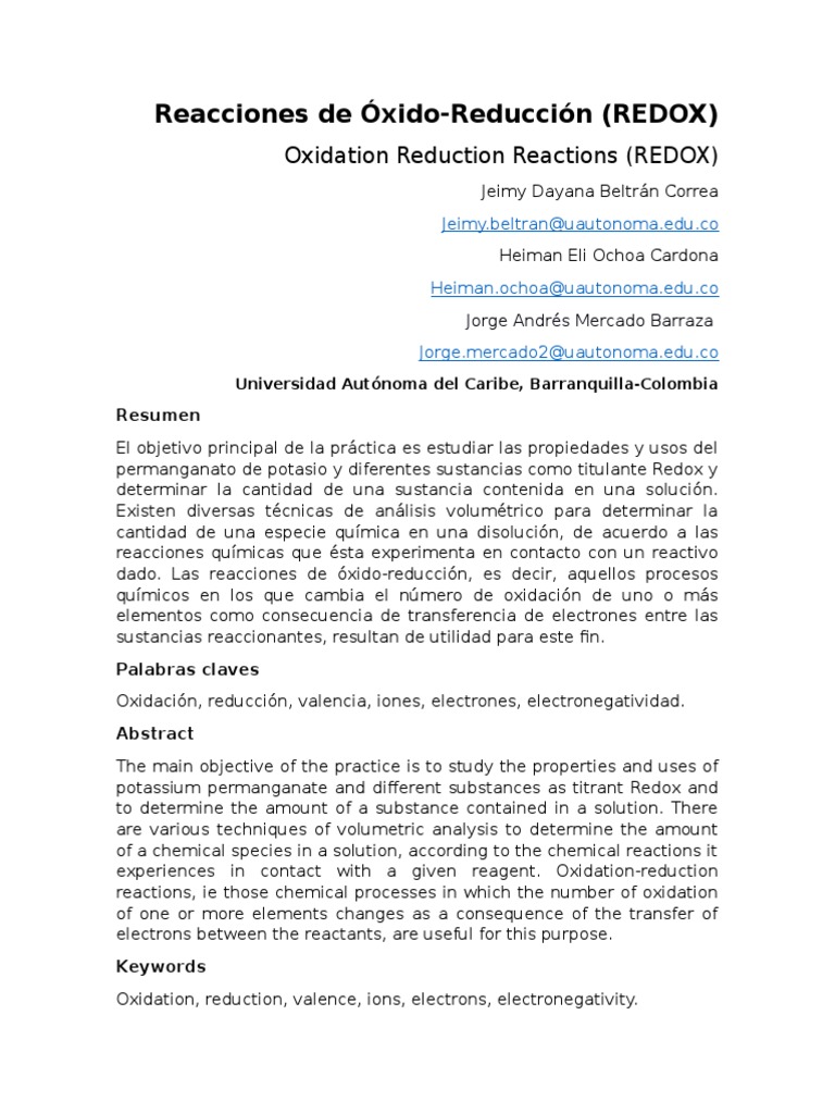 Informe Reacciones De Óxido Reducción Redox Redox Corrosión