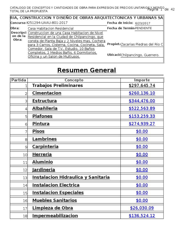 Catalogo de Conceptos Casa Habitacion