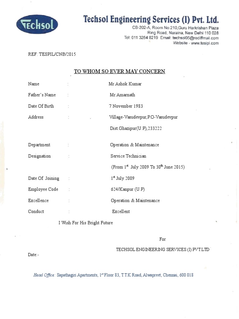 To Whom So Ever May Concern: Techsol Engineering Services (I) PVT - LTD ...