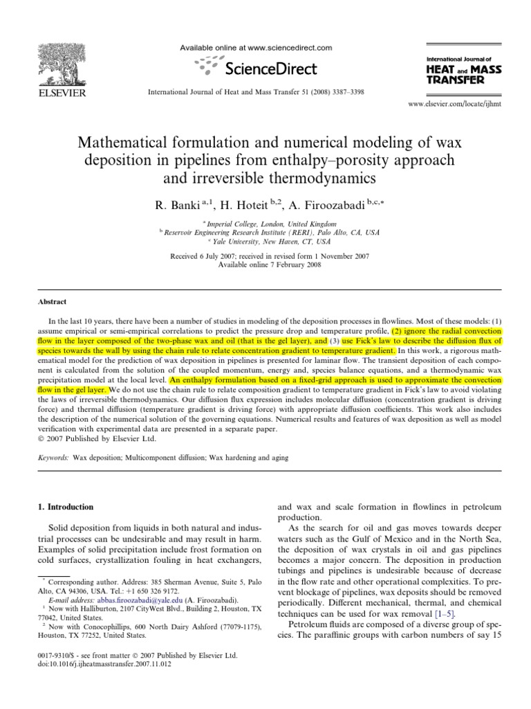 Mathematical Formulation and Numerical Modeling of Wax Deposition in ...