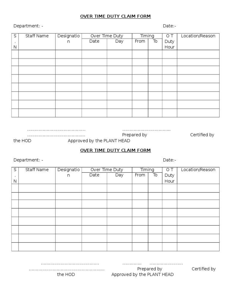 O T Duty Form | PDF