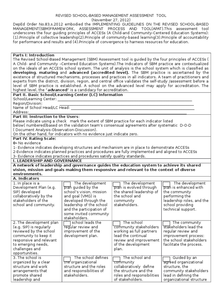 Revised School Based Management Assessment Tool | PDF | Leadership ...