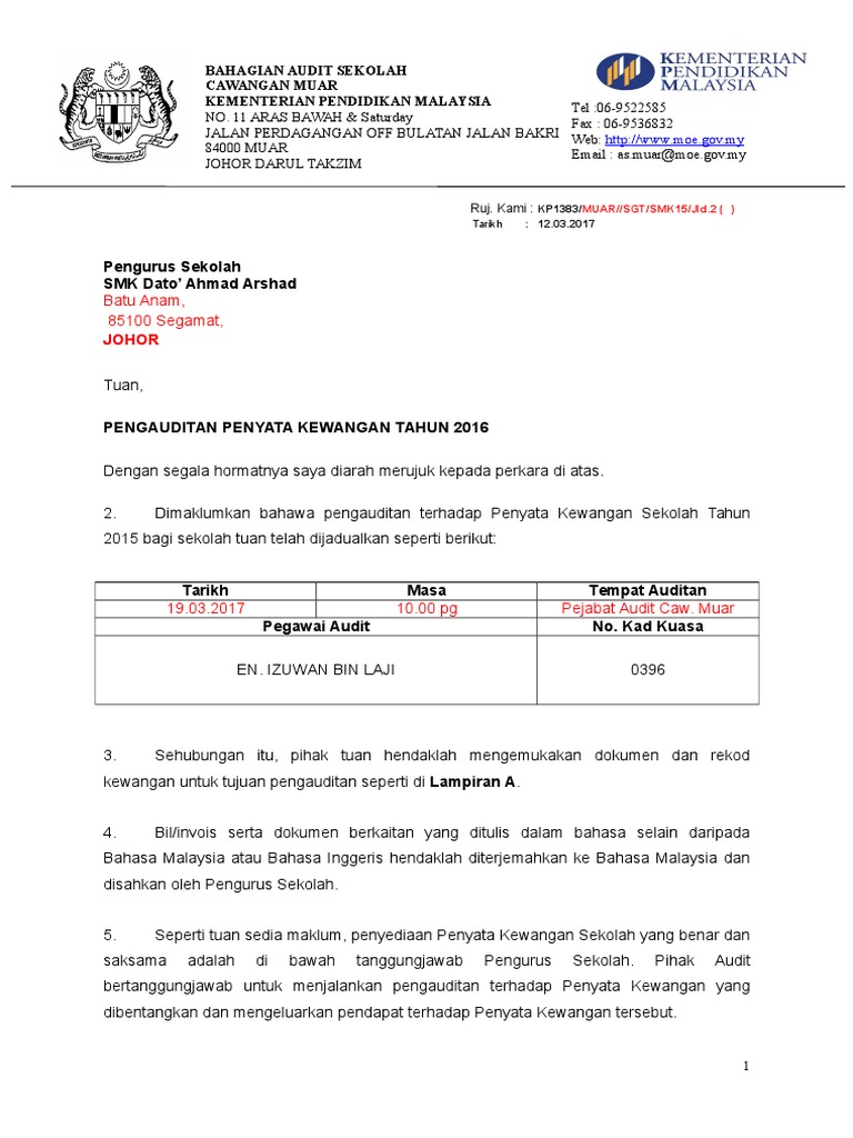Surat Panggilan 2016 SMK Dato Ahmad Arshad | PDF