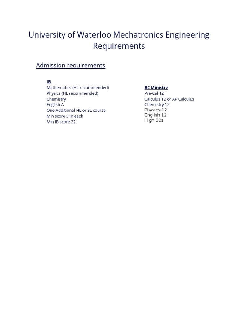 University of Waterloo Mechatronics Engineering Requirements | PDF ...