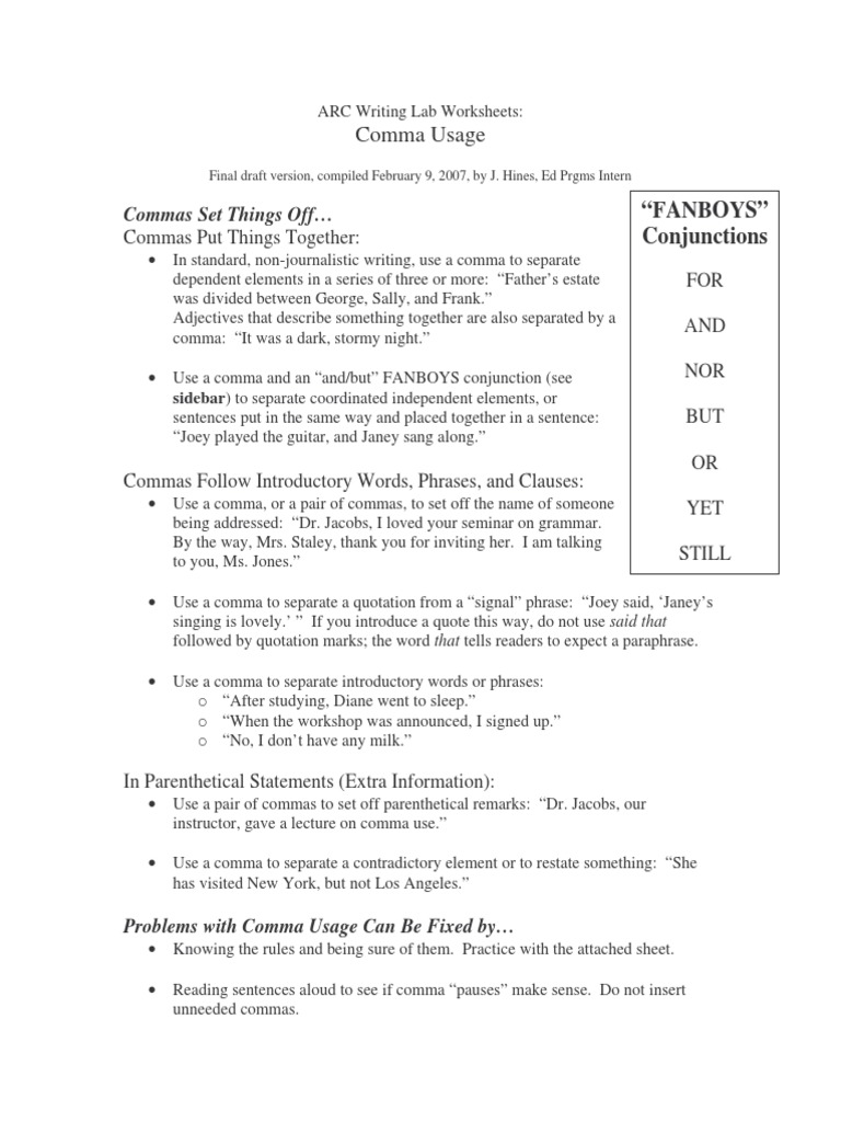 Comma Usage Worksheet PDF | PDF | Comma | Language Mechanics