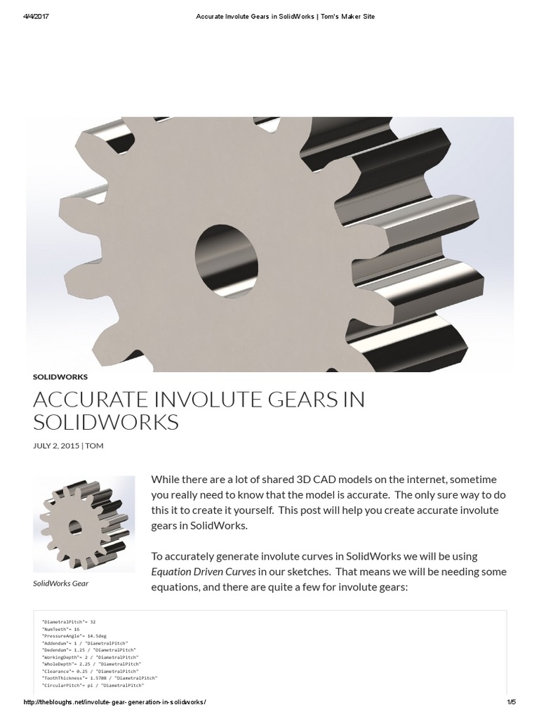 Accurate Involute Gears in SolidWorks - Tom's Maker Site | PDF | Gear ...