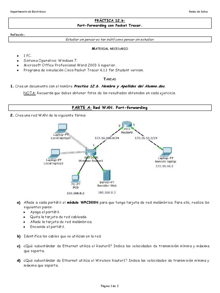 Práctica 12.b. Port-Forwarding Con Packet Tracer | PDF | Enrutador (Computación) | Red de ...