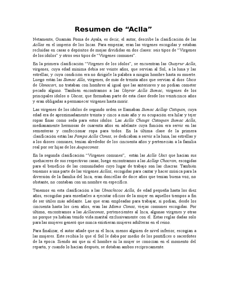 Resumen de ACLLA | PDF | Imperio Inca | Sacerdote