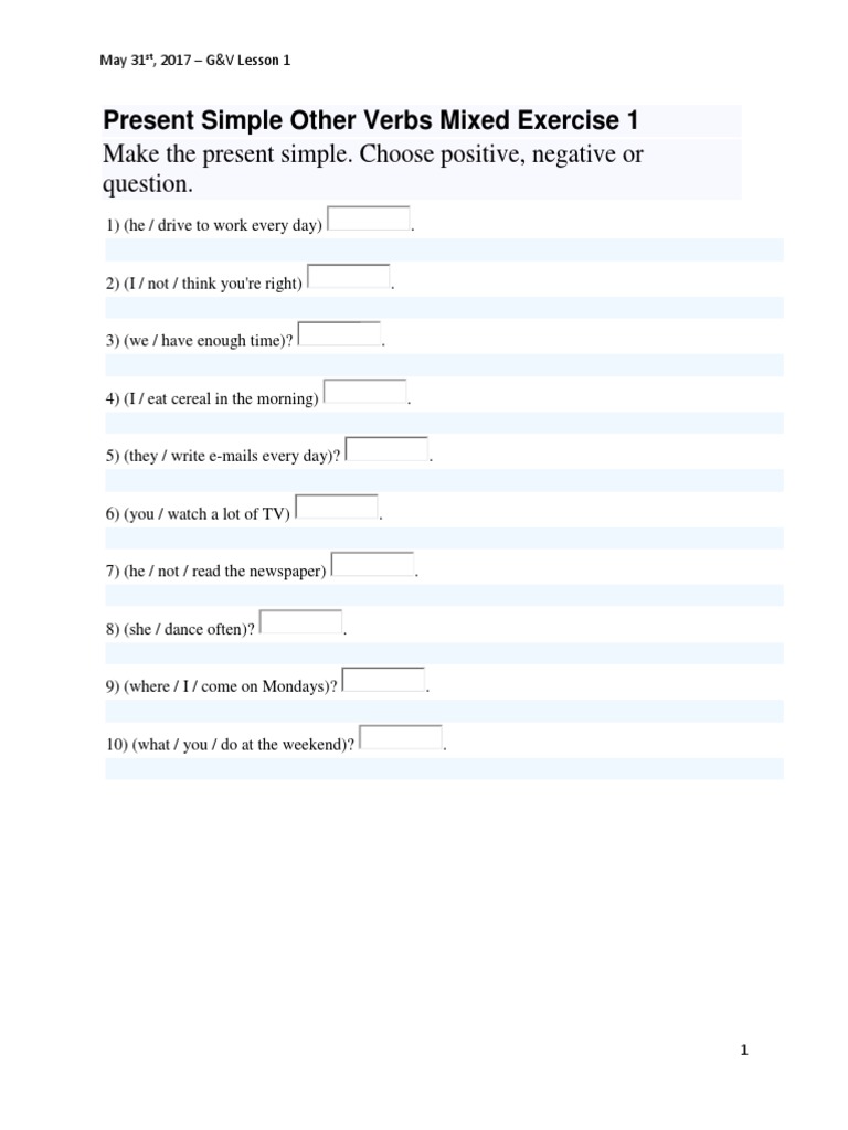 Lesson 1 - Present Simple Other Verbs Mixed Exercise 1 | PDF ...