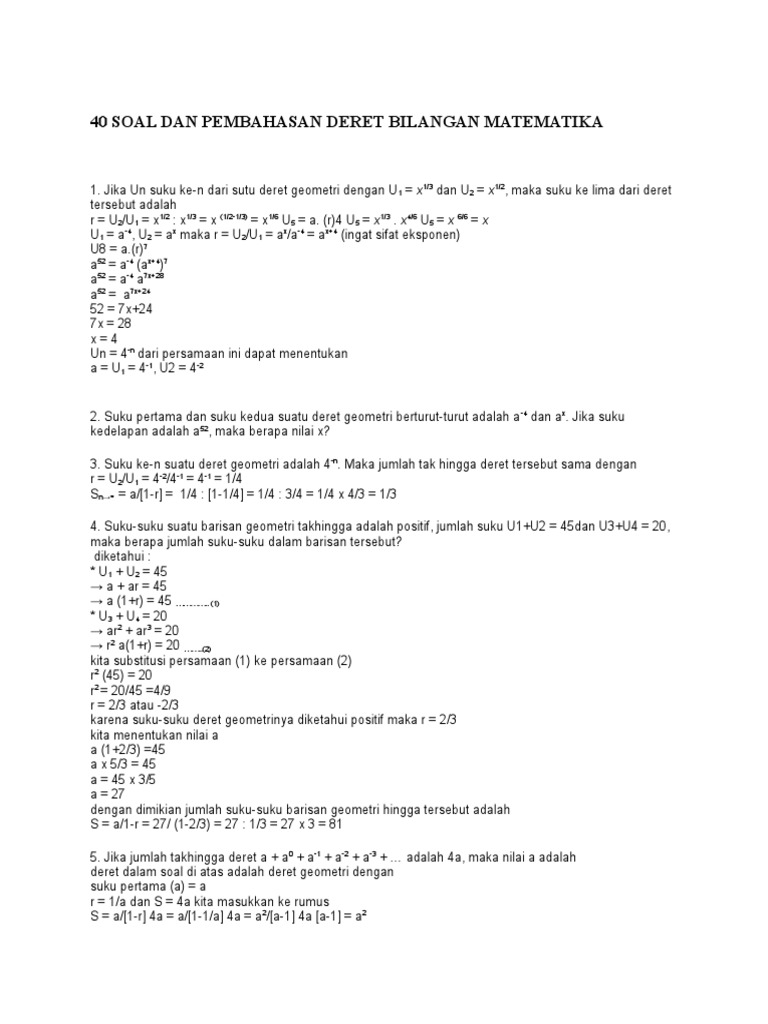 40 Soal Dan Pembahasan Deret Bilangan Matematika | PDF